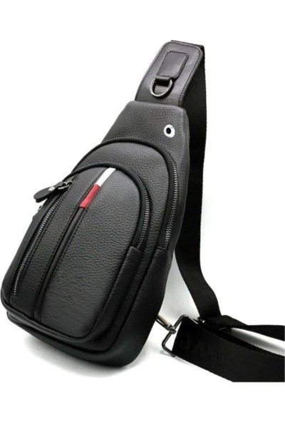 Avca Unisex Siyah Deri Kulaklık Çıkışlı Çapraz Askılı Bel Omuz Çanta