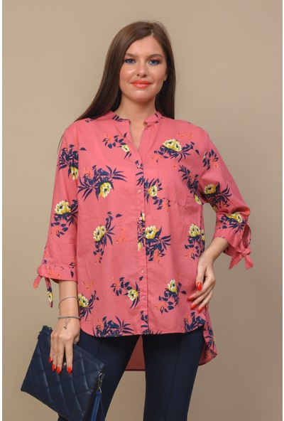 Tusse Çiçek Desenli Kolları Bağcıklı Pamuklu Büyük Beden Gömlek