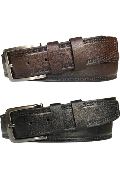 GoDeri Deri 2'li Set, Desenli Kemer; Siyah, Kahverengi 4 cm
