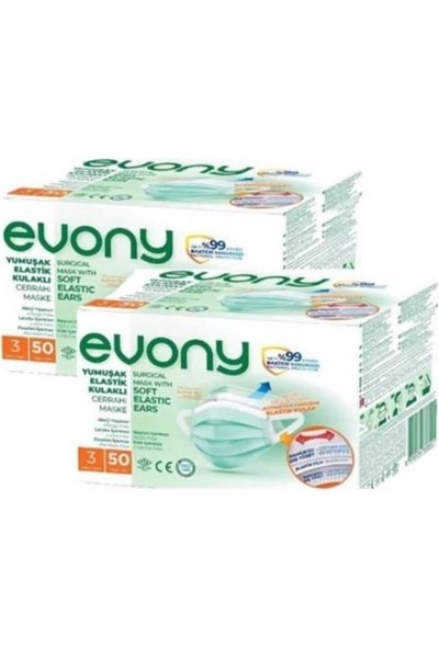 Liva Evony Yumuşak Elastik Kulaklı 3 Katlı Telli Cerrahi Maske 50'li x 2 Kutu 100 Adet Liva Evony Yumuşak Elastik Kulaklı 3 Katlı Telli Cerrahi Maske 50'li x 2 Kutu 100 Adet