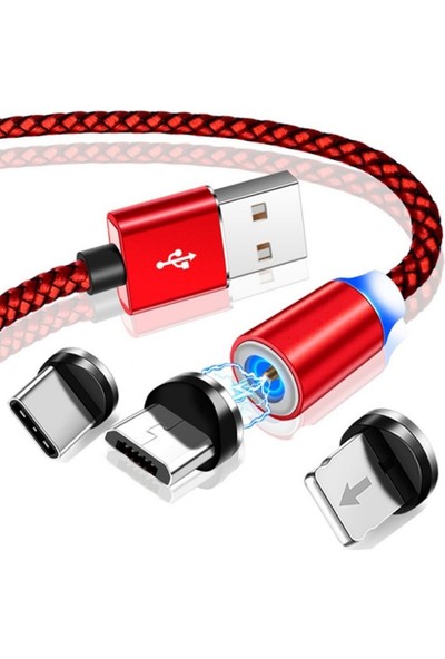 3 Uçlu Mıknatıslı 3in1 Şarj Kablosu Kırmızı