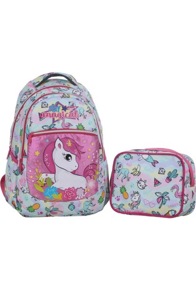 Çantaland Su Geçirmez Gökkuşağı At Desenli Anaokulu Çantası + Beslenme Çantası