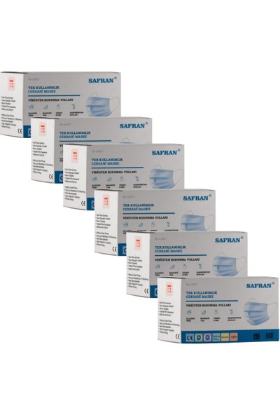 Safran Maske Tek Kullanımlık 3 Katlı Maske / 6 Kutu Mavi Safran Maske Tek Kullanımlık 3 Katlı Maske / 6 Kutu Mavi