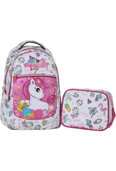 Çantaland Anaokulu ve İlkokul Kız Çocuk, Beslenmeli Su Geçirmez Desenli Okul Çantası -Beyaz