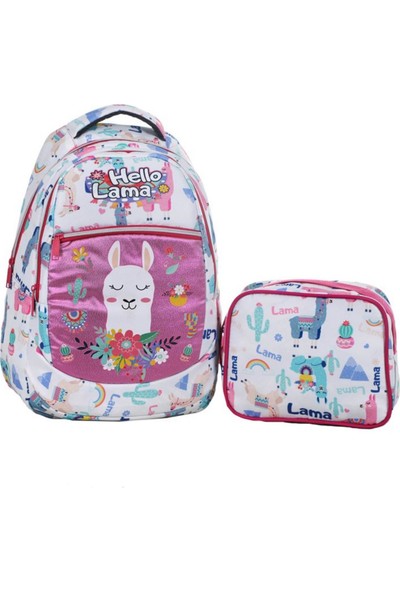 Çantaland Anaokulu ve İlkokul Kız Çocuk, Lama Desenli Beslenmeli Su Geçirmez Okul Çantası -Beyaz