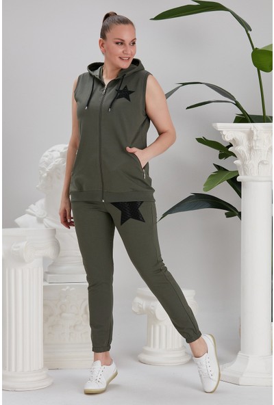 Rmg Yıldız Taş Detaylı Büyük Beden Haki Eşofman Takımı