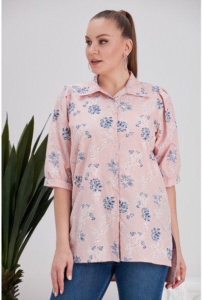 Rmg Çiçek Desenli Pudra Büyük Beden Gömlek