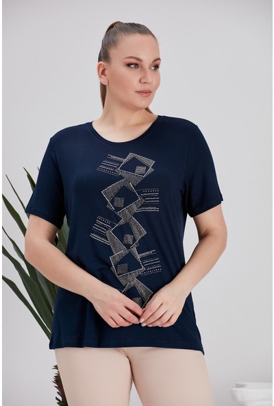 Rmg Önü Taş Baskı Detaylı Lacivert Büyük Beden Tişört