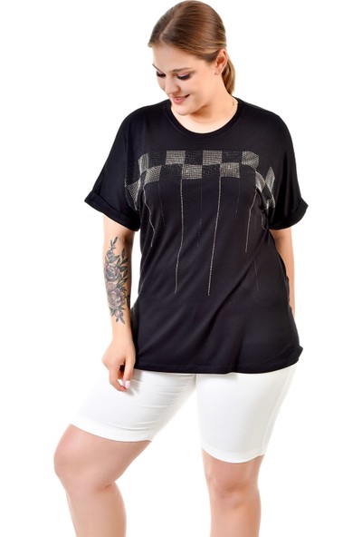 Rmg Taş Baskılı Büyük Beden Siyah Tişört