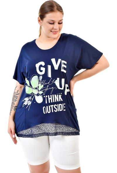 Rmg Eteği Dantel Detaylı Baskılı Lacivert Büyük Beden Tişört