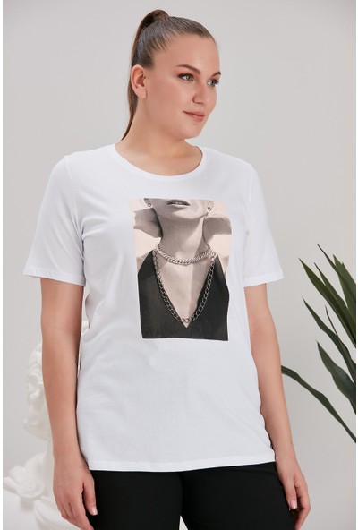 Rmg Baskılı Büyük Beden Ekru Tişört