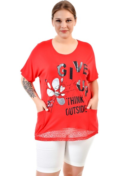 Rmg Eteği Dantel Detaylı Baskılı Kırmızı Büyük Beden Tişört