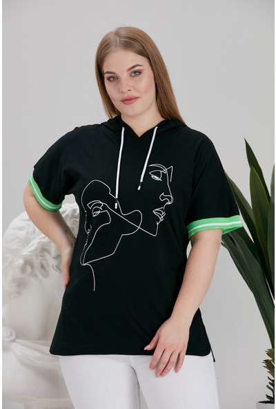 Rmg Kapşonlu Kol Şeritli Büyük Beden Siyah Tişört Rmg Kapşonlu Kol Şeritli Büyük Beden Siyah Tişört