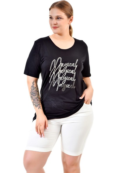 Rmg Pul Taş Baskılı Siyah Büyük Beden Tişört