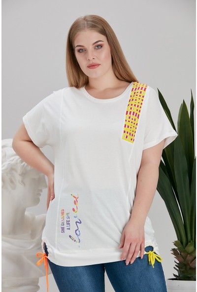 Rmg Eteği Bağcık Detaylı Baskılı Büyük Beden Ekru Tişört Rmg Eteği Bağcık Detaylı Baskılı Büyük Beden Ekru Tişört