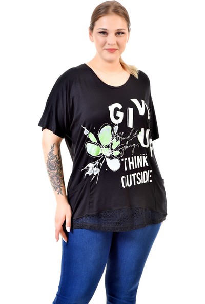 Rmg Eteği Dantel Detaylı Baskılı Siyah Büyük Beden Tişört Rmg Eteği Dantel Detaylı Baskılı Siyah Büyük Beden Tişört