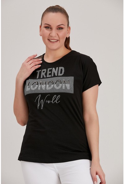 Rmg Omuz Detaylı Taş Işlemeli Büyük Beden Siyah Tişört