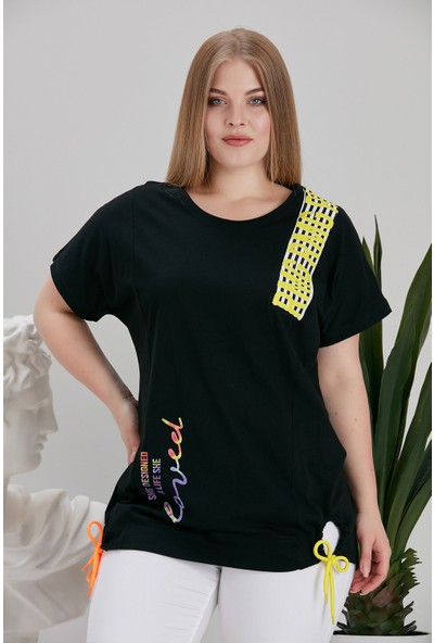 Rmg Eteği Bağcık Detaylı Baskılı Büyük Beden Siyah Tişört Rmg Eteği Bağcık Detaylı Baskılı Büyük Beden Siyah Tişört