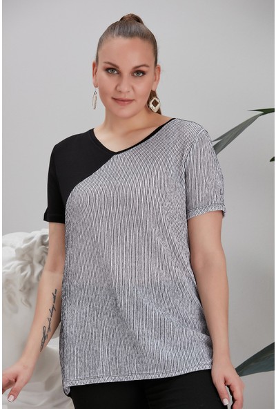 Rmg Asimetrik Garnili Büyük Beden Siyah Tişört