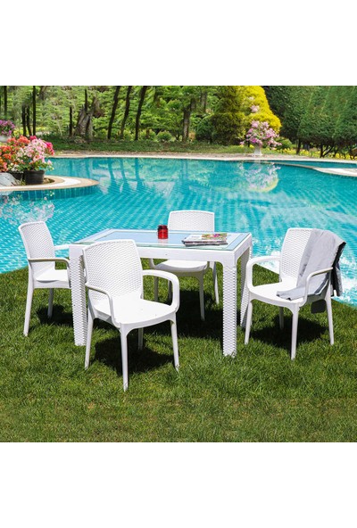 Violet 70*120 Rattan Trend Lüx Camlı Masa Takımı 4 Adet Trend Lüks Kolçaklı Sandalyeli Beyaz Violet 70*120 Rattan Trend Lüx Camlı Masa Takımı 4 Adet Trend Lüks Kolçaklı Sandalyeli Beyaz