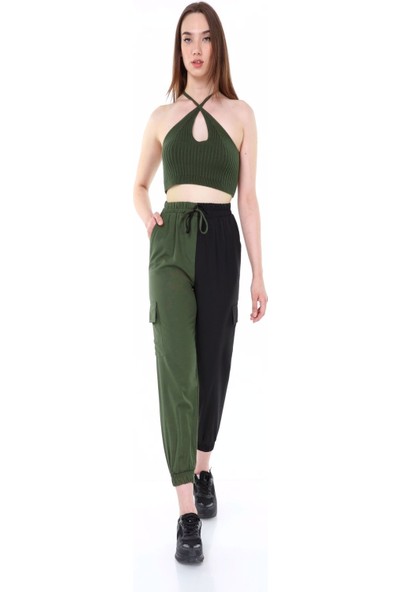 Poriento Kadın Çift Renkli Cepli Kargo Pantolon