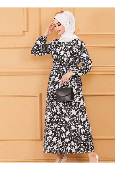 Tofisa Beli Büzgülü Desenli Elbise - Siyah - Tofisa