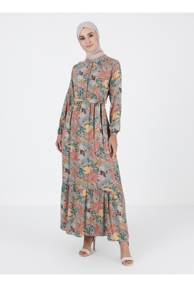 Zenane Çiçek Desenli Beli Lastikli Elbise - Vizon - Zenane