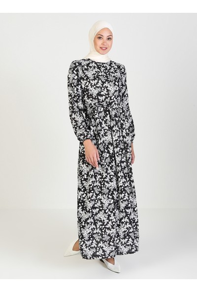 Ecesun Çiçek Desenli Elbise - Siyah - Ecesun