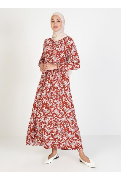 Ecesun Çiçek Desenli Elbise - Kiremit - Ecesun