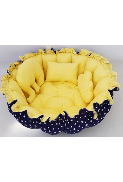 Babynest Dünyası Lacivert Yıldız Açık Sarı Yuvarlak Babynest Uyku ve Oyun Minderi