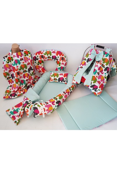 Babynest Dünyası Fil Desen Yeşil 8 Parça Babynest Seti Babynest Dünyası Fil Desen Yeşil 8 Parça Babynest Seti
