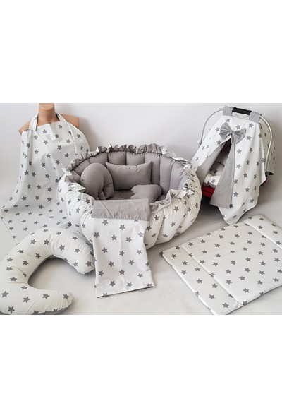 Babynest Dünyası Beyaz Yıldız Gri 10 Parçadan Oluşan Babynest Set Babynest Dünyası Beyaz Yıldız Gri 10 Parçadan Oluşan Babynest Set