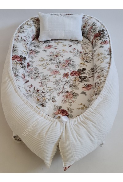 Babynest Dünyası Beyaz Pike Pudra Çiçek Babynest Bebek Yuvası