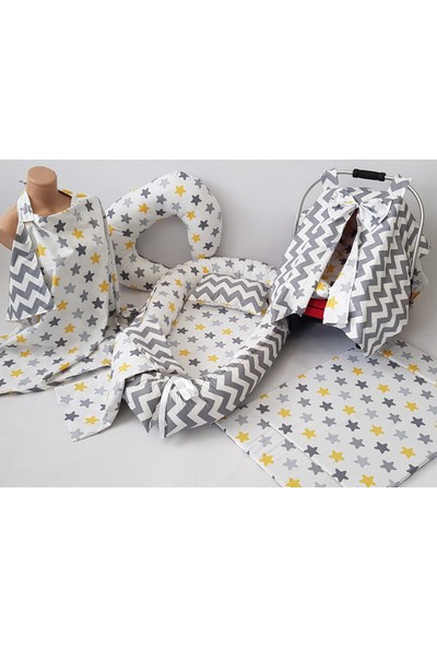 Babynest Dünyası Gri Zigzag Sarı Yıldız 8 Parça Babynest Seti