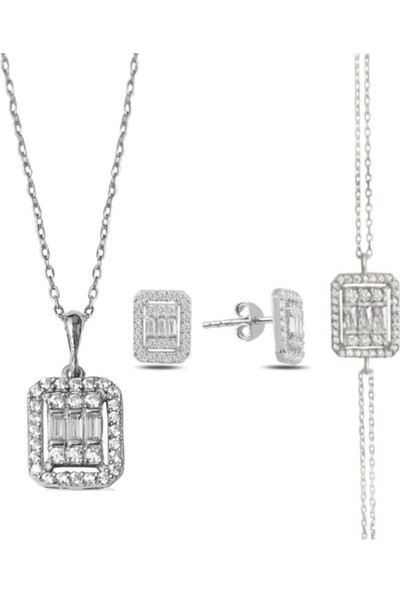 Esjewelry Kadın Gümüş Montürlü Baget Taşlı Üçlü Set