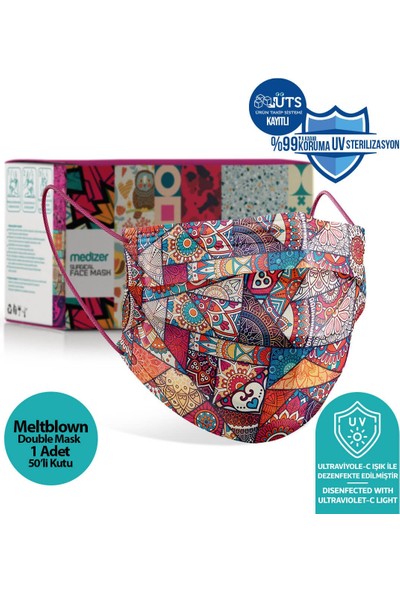 Medizer Mandala Etnik Desenli Meltblown Kumaş 3 Katlı Ultrasonik Cerrahi Ağız Maskesi Burun Telli Medizer Mandala Etnik Desenli Meltblown Kumaş 3 Katlı Ultrasonik Cerrahi Ağız Maskesi Burun Telli