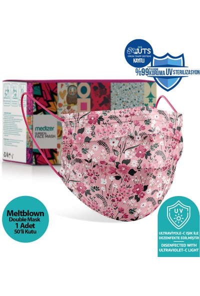 Medizer Pembe Çiçek Desen Full Ultrasonik Cerrahi Ağız Maske 3 Katlı Meltblown Kumaş 50 Adet -Telli Medizer Pembe Çiçek Desen Full Ultrasonik Cerrahi Ağız Maske 3 Katlı Meltblown Kumaş 50 Adet -Telli