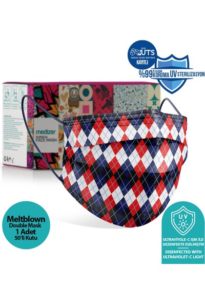 Medizer Lacivert-Kırmızı Ekose Desen Meltblown Kumaş Full Ultrasonik 3 Katlı Cerrahi Maske - Burun Telli Medizer Lacivert-Kırmızı Ekose Desen Meltblown Kumaş Full Ultrasonik 3 Katlı Cerrahi Maske - Burun Telli