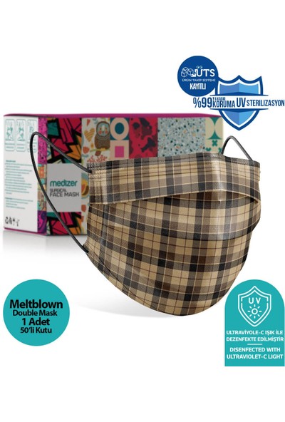 Medizer Kahverengi Ekose Desenli Meltblown Kumaş Full Ultrasonik 3 Katlı Cerrahi Maske - Burun Telli Medizer Kahverengi Ekose Desenli Meltblown Kumaş Full Ultrasonik 3 Katlı Cerrahi Maske - Burun Telli