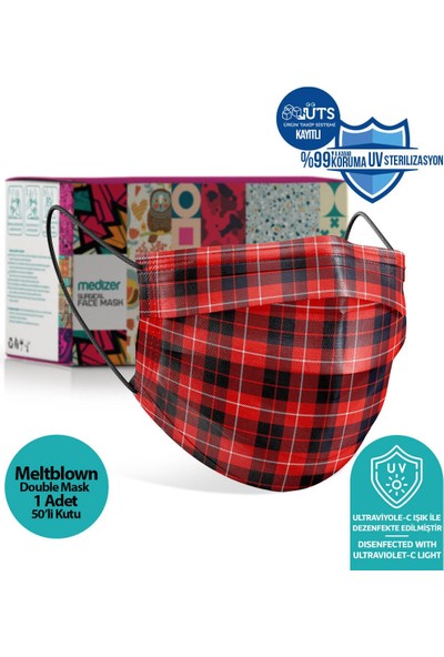 Medizer Kırmızı Ekose Desenli Meltblown Kumaş Full Ultrasonik 3 Katlı Cerrahi Maske - Burun Telli Medizer Kırmızı Ekose Desenli Meltblown Kumaş Full Ultrasonik 3 Katlı Cerrahi Maske - Burun Telli