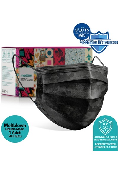 Medizer Siyah Kamuflaj Desenli Meltblown Kumaş 3 Katlı Full Ultrasonik Cerrahi Maske - Burun Telli Medizer Siyah Kamuflaj Desenli Meltblown Kumaş 3 Katlı Full Ultrasonik Cerrahi Maske - Burun Telli