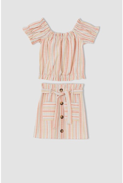 Defacto Kız Çocuk Çizgili Kısa Kollu Bluz Ve Etek Takımı V6929A621HS