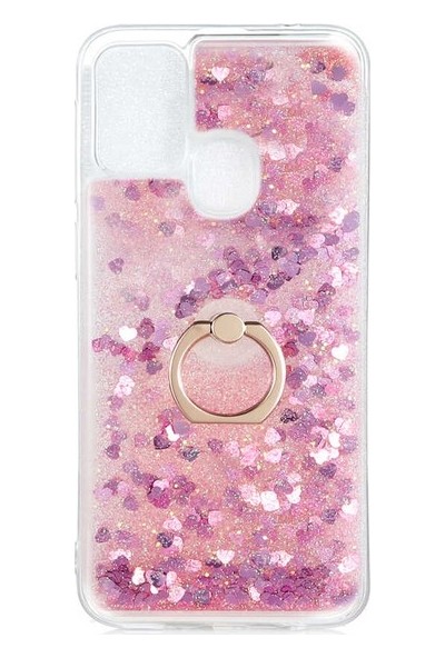 E-TicaShop Galaxy M31S Kılıf Sulu Simli Yüzüklü Standlı Silikon Kılıf Pembe
