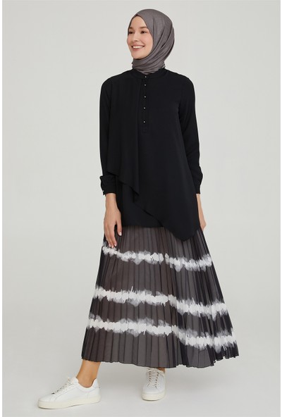 Armine Desenli Pliseli Etek 21Y1048 Siyah