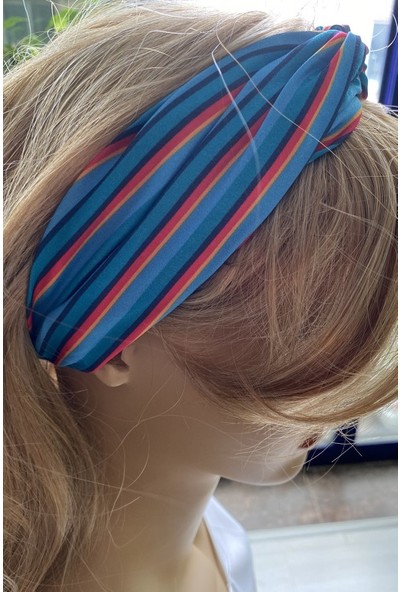 Artikel Mavi Renkli Çizgili Düğüm Saç Bandı, Saç Aksesuarı, Saç Tokası