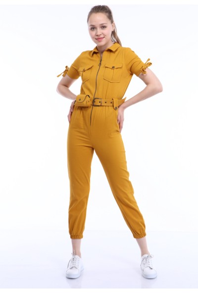 Yare Kısa Kollu Önden Fermuarlı Çanta Kemerli Tulum