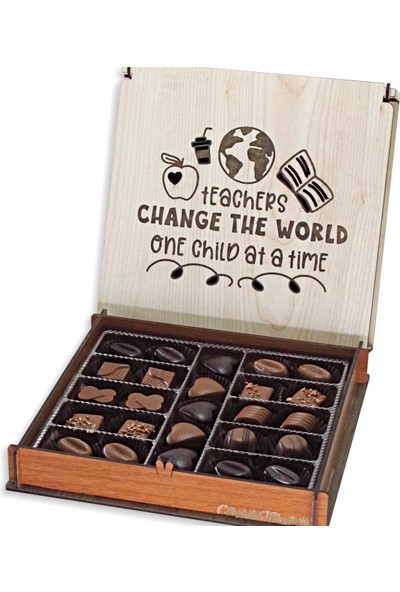 Çikolata Marketi Teachers Change The World Yazılı Ahşap Kutulu Hediye Çikolata