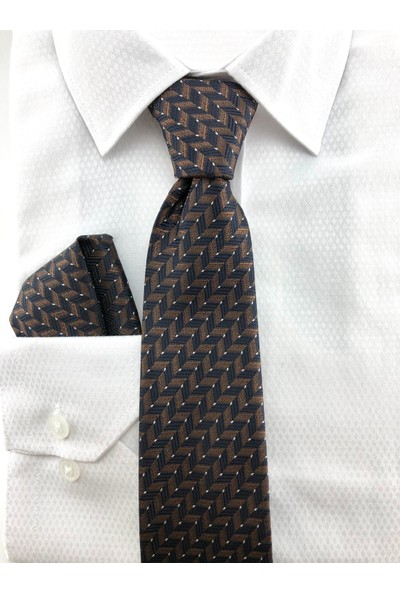 Pierroni Kahve Lacivert Desenli Mendilli Kravat