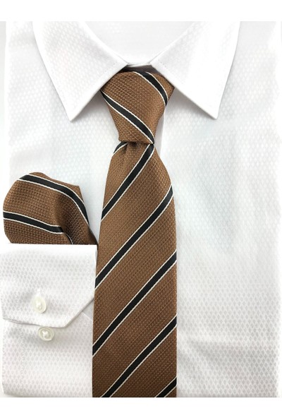 Pierroni Taba Siyah Çizgili Mendilli Kravat Pierroni Taba Siyah Çizgili Mendilli Kravat