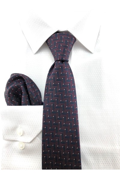 Pierroni Lacivert Bordo Desenli Mendilli Kravat